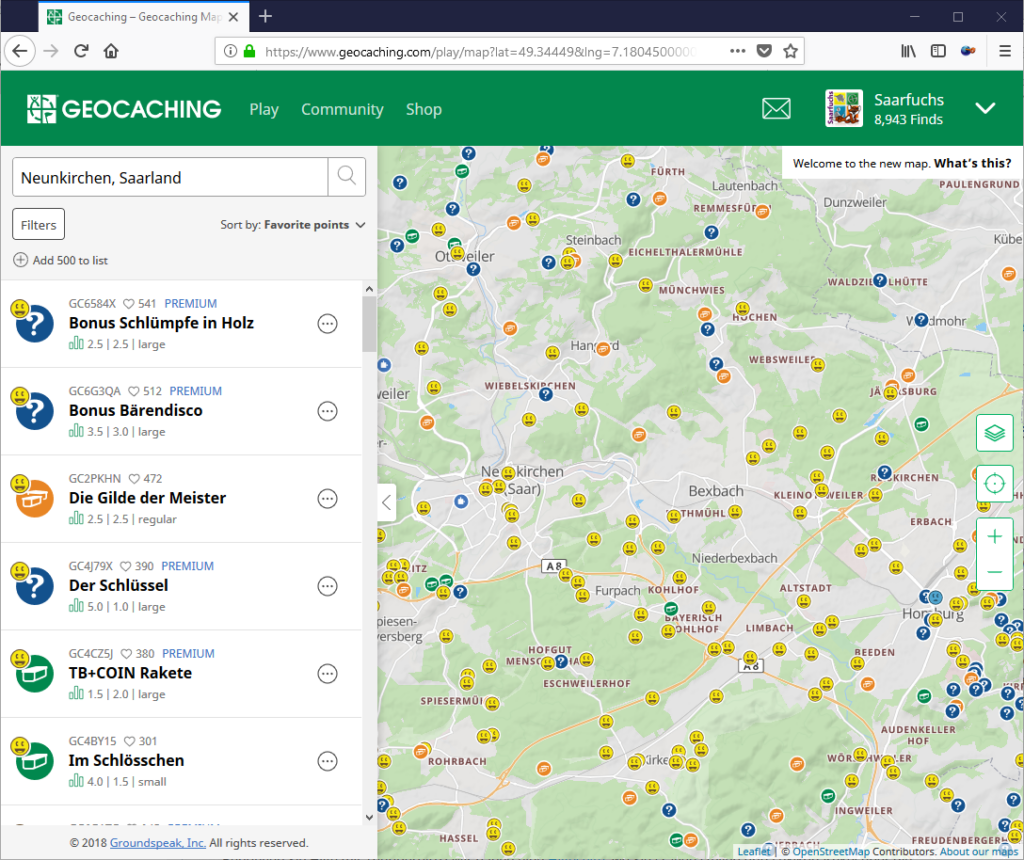 Die neue Karte bei der Suche auf geocaching.com » Saarfuchs on Tour!